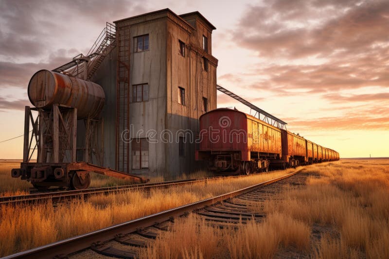 Grain Elevator with Train Tracks and Carriages Stock Illustration ...
