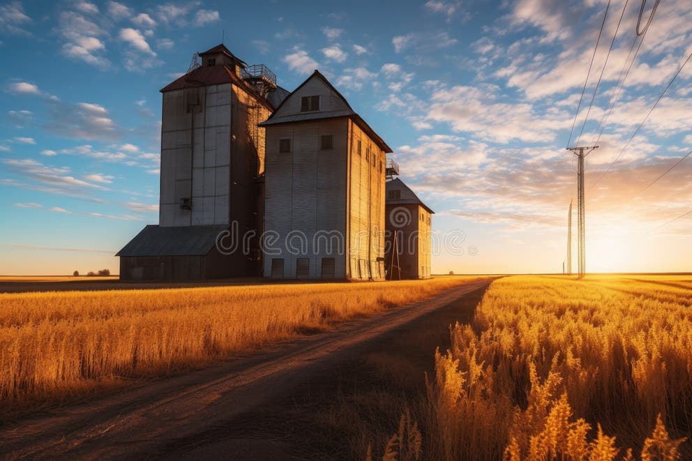 Grain Elevators Casting Long Shadows during Golden Hour Stock ...