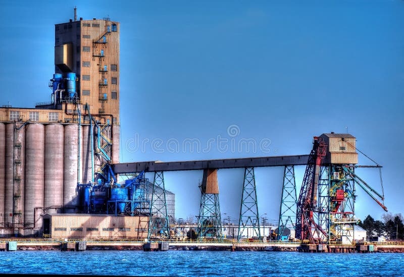 Grain Industry Silo Loading Ships from Facility on Detroit River Dock ...