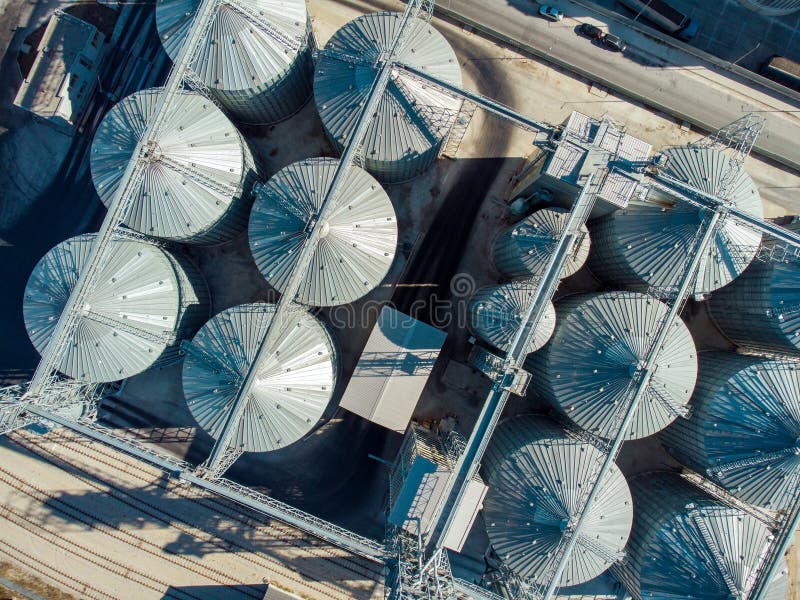 Grain Storage Silos Aerial Top View Stock Image - Image of factory ...