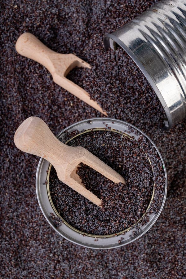 A Grain of Poppy in a Can on a Kitchen Table. Spilled Poppy Seed and ...