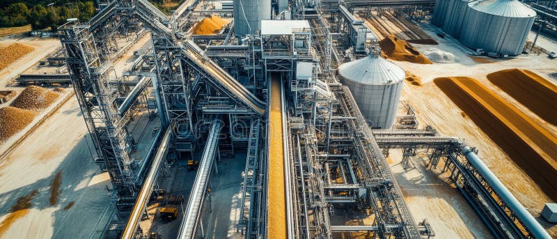 Grain Processing Plant Elevated View of Silos and Conveyor Systems at a ...
