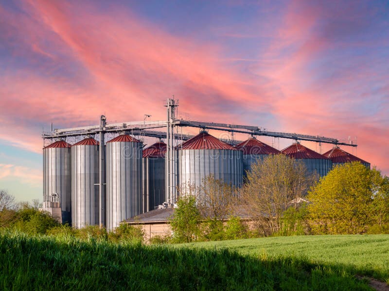 Grain Silo on a Farm with Sunset Stock Image - Image of environment ...