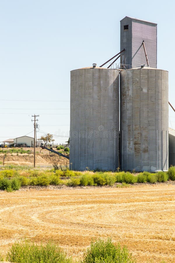 Grain Silo Next To a Harvested Field Stock Image - Image of farm, shiny ...