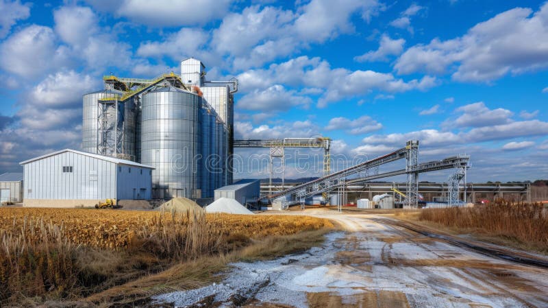 Grain Silos and Conveyor System in Rural Area Stock Image - Image of ...