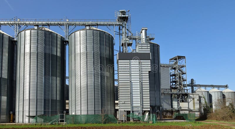 Grain Storage Bins with Silos and Elevator Tower in the Countryside ...