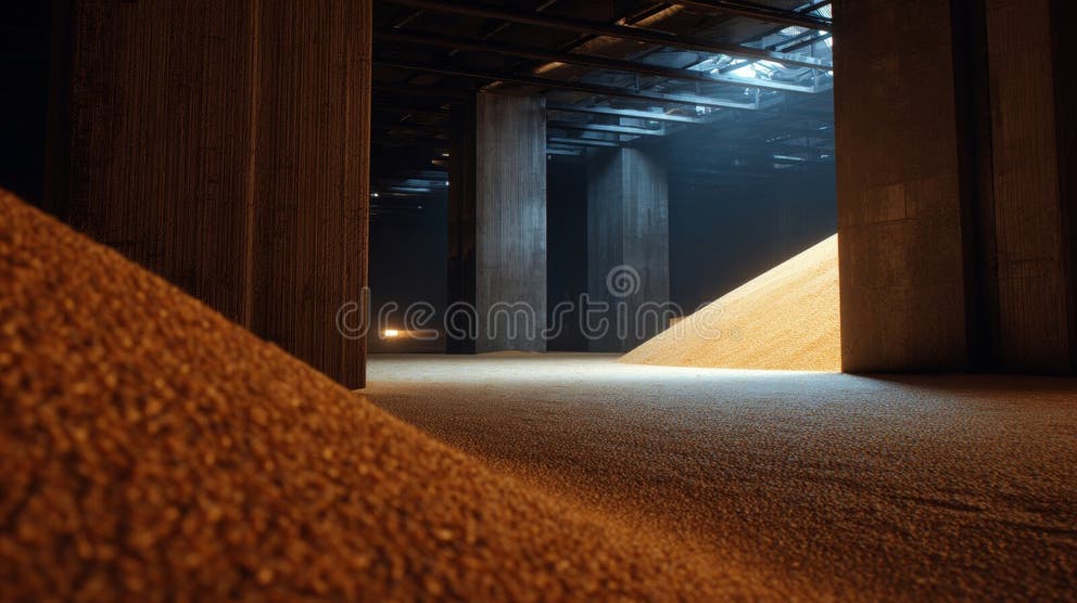 Grain Storage Facility Holding Piles of Wheat in Dark Interior Stock ...