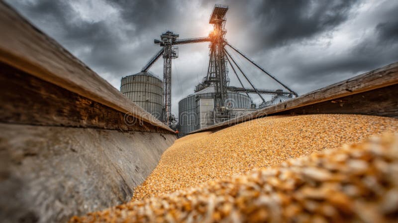Grain Storage Facility Under Dramatic Sky with Storm Clouds and Light ...