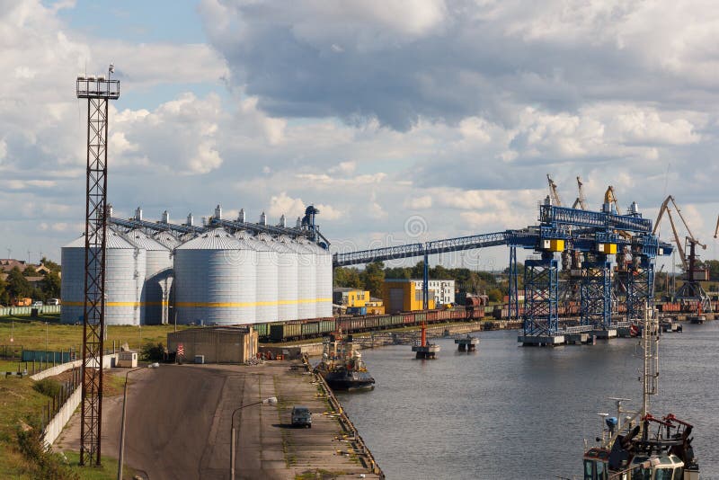 Big Grain Terminal At Seaport. Cereals Bulk Transshipment From Road ...