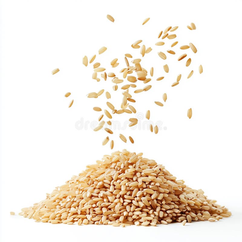 Grains of Brown Rice Falling into a Pile on White Background Stock ...