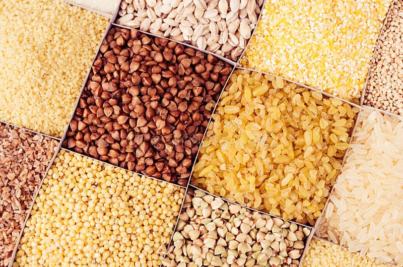 Grains Collection in Cells As Background. Top View, Closeup. Stock ...