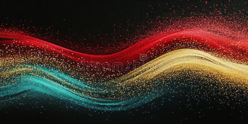 Grainy Background Displaying a Glowing Ruby Red, Turquoise, and Light Gold Color Wave on a Black ...