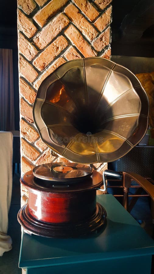 Gramophone with Plate or Vinyl Disk. Antique Brass Record Player ...