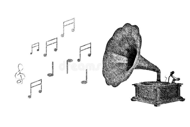 Gramophone Record with Note, Listen Classic, Drawings from Photos Stock ...