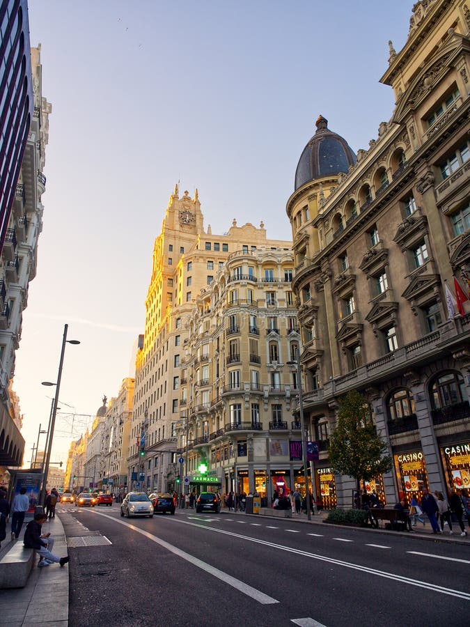 Gran Via View in Sunset Colors in Madrid, Spain Editorial Stock Image ...