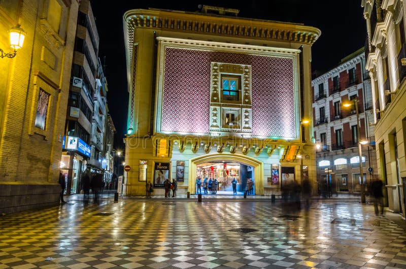 Night View of the Main Facade of Aliatar Cinema in Granada, Spain ... Night View of the Main Facade of Aliatar Cinema in Granada, Spain ...