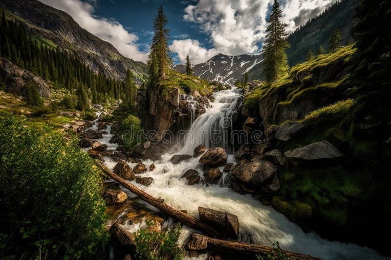 Grand Alpine Waterfall Cascading into Lush Meadow Stock Photo - Image ...