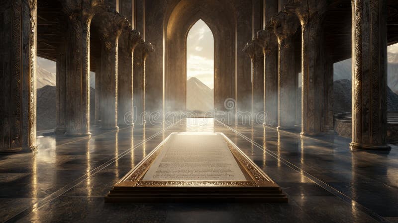 A Grand, Ancient Hall with Towering Pillars, a Reflecting Pool, and a ...