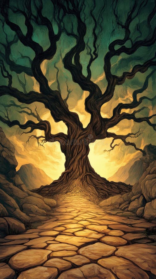 Majestic Tree with Twisted Branches Illuminates a Mystical Path at ...