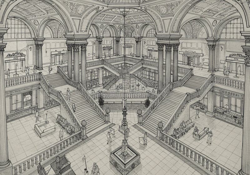 Grand Architectural Drawing of an Opulent Interior Featuring a Central ...