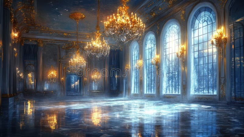 Grand Ballroom with Chandeliers, Large Windows, and Reflective Floor ...