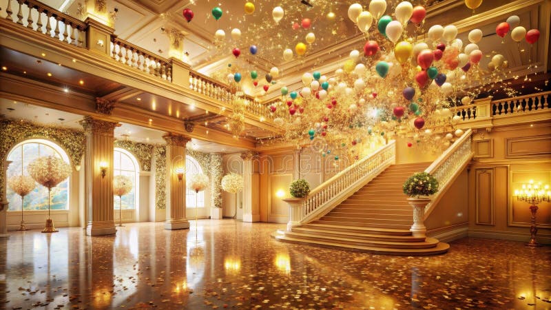 Grand Ballroom with Festive Balloons and Golden Glitter. Generative AI ...