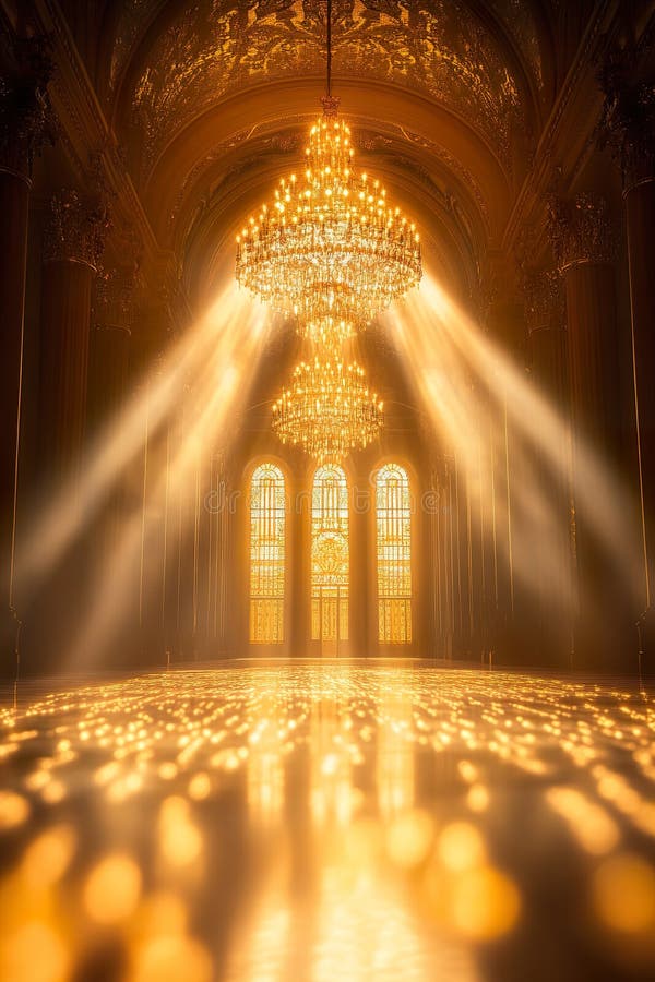 Grand Ballroom with Glowing Chandeliers and Sunlit Windows Stock Image ...