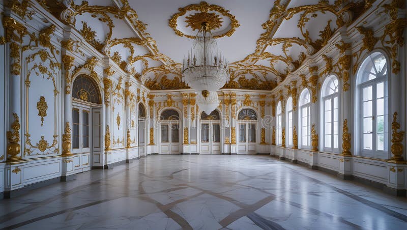 Grand Baroque Hall with Ornate Gold Detailing Stock Illustration ...