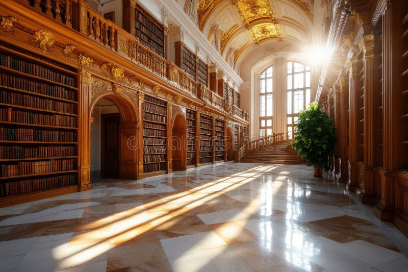 Grand Baroque Library Interior with Sunlight Streaming through Tall ...