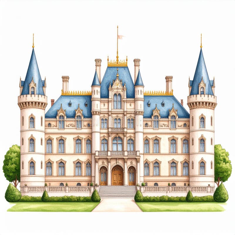 Grand Beige and Blue Castle Watercolor Illustration Stock Illustration ...