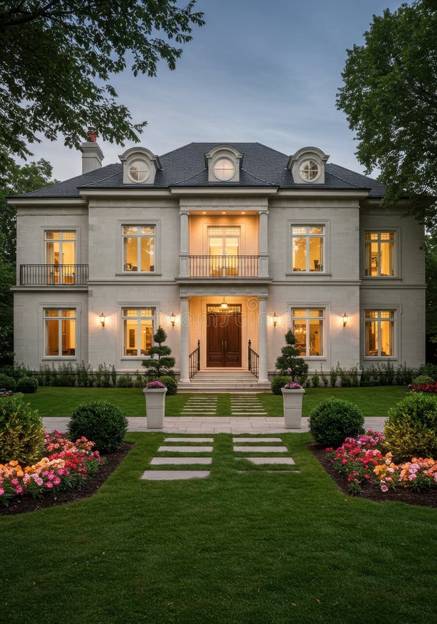 Grand Beige Stone House Exterior at Dusk Stock Illustration ...