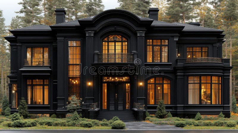 Grand Black Mansion at Dusk with Warm Interior Lighting Stock Image ...