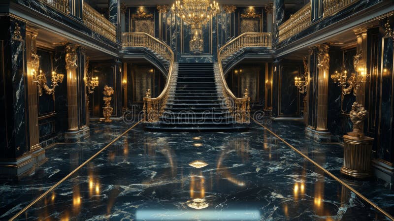 Grand Black Marble Staircase in Gold Palace Interior Stock Illustration ...