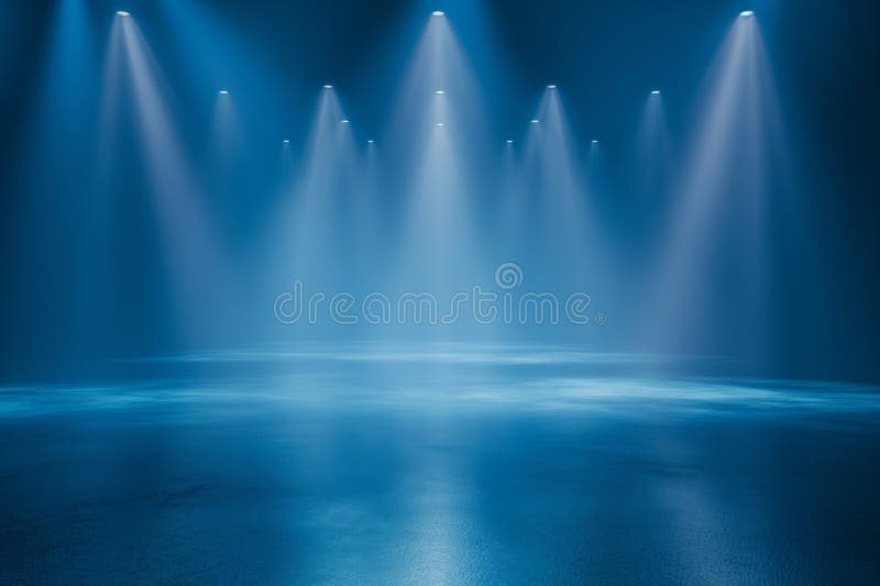 Grand Blue Stage with Multiple Spotlights and Shiny Floor Stock Image ...
