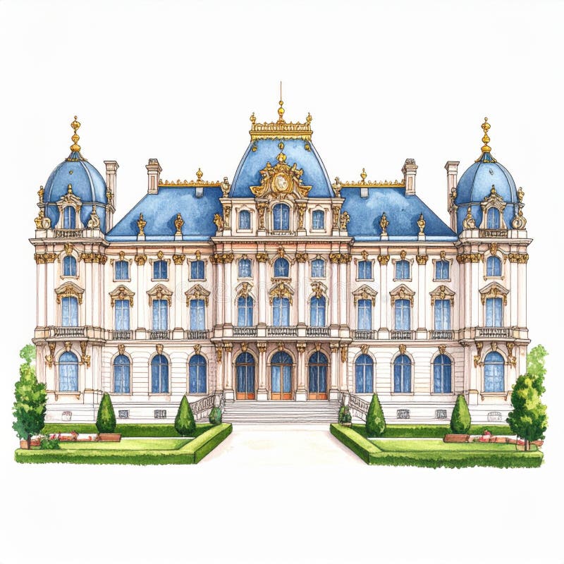 Grand Blue and White Palace Watercolor Illustration Stock Illustration ...