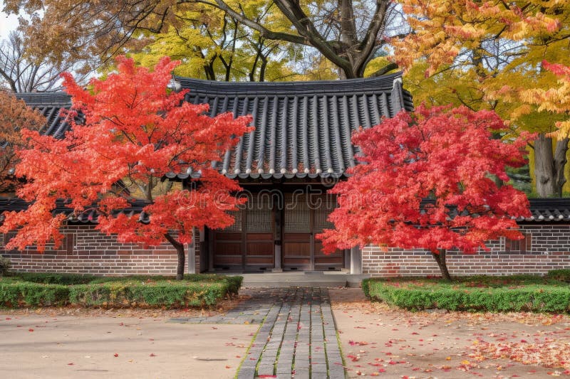 Majestic Brick Structure Surrounded by Lush Trees Stock Illustration ...