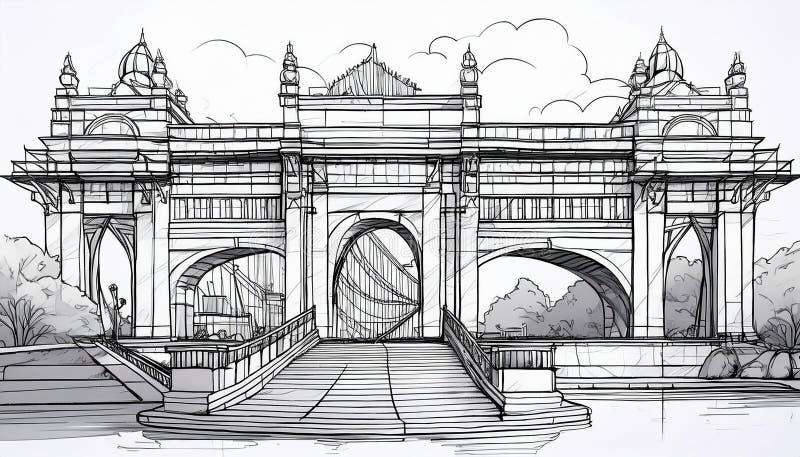 Detailed Line Art of a Grand Architectural Bridge with Intricate ...