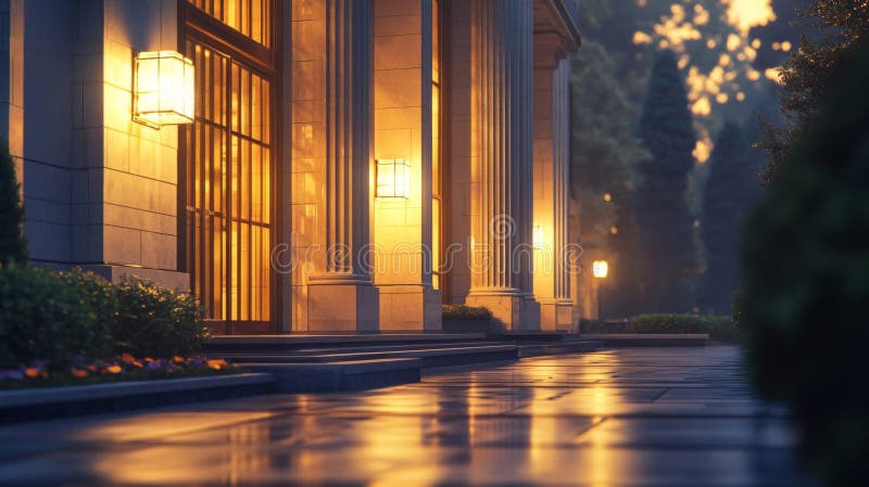 Grand Building Exterior at Night with Warm Lighting Stock Illustration ...