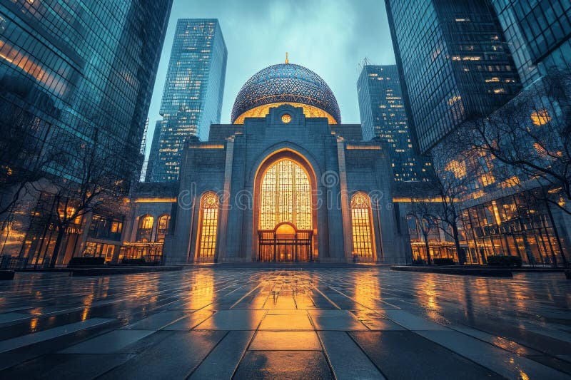 Grand Building with Glowing Lights Surrounded by Tall Modern ...