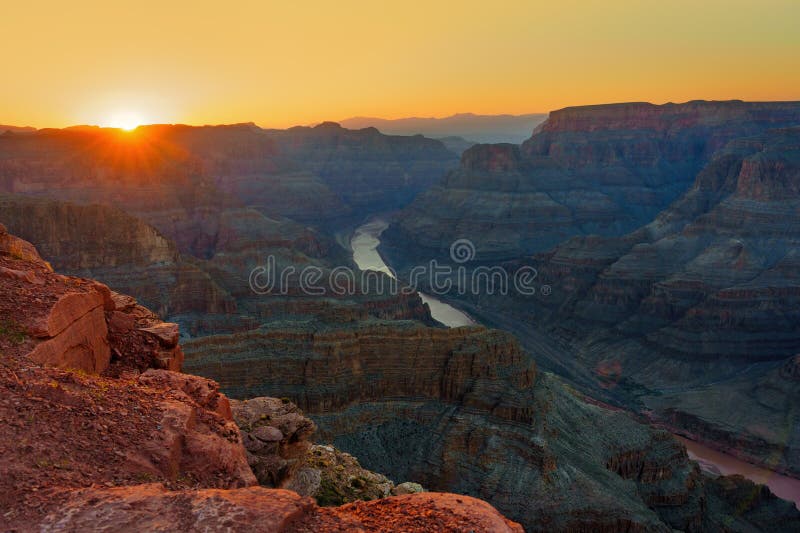 Grand Canyon Cliffside Sunset View with Snaking River Stock Image ...
