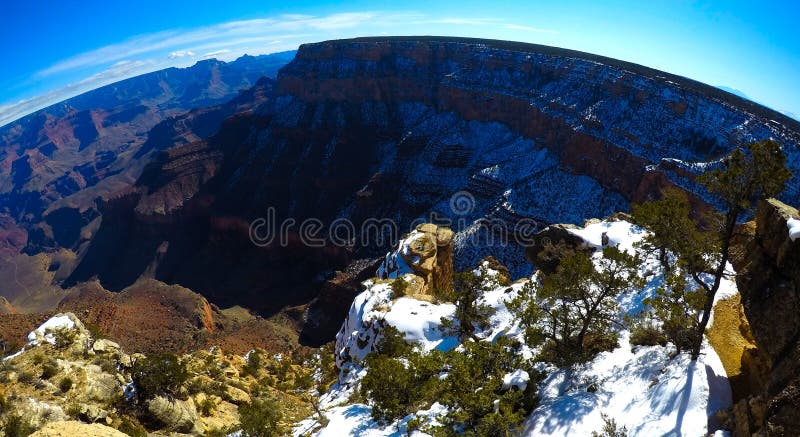Grand Canyon South Rim Side Canyon in Shadows with Snow - Wide Angle ...