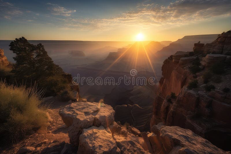 Grand Canyon Sunrise, with the Sun Peaking Over the Horizon Stock ...