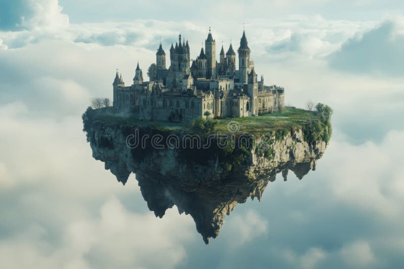 Floating Castle Surrounded by Clouds Above a Mystical Landscape in a ...
