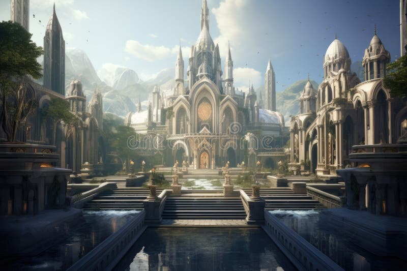 A Grand Castle in a Misty Mountainous Landscape Stock Illustration ...