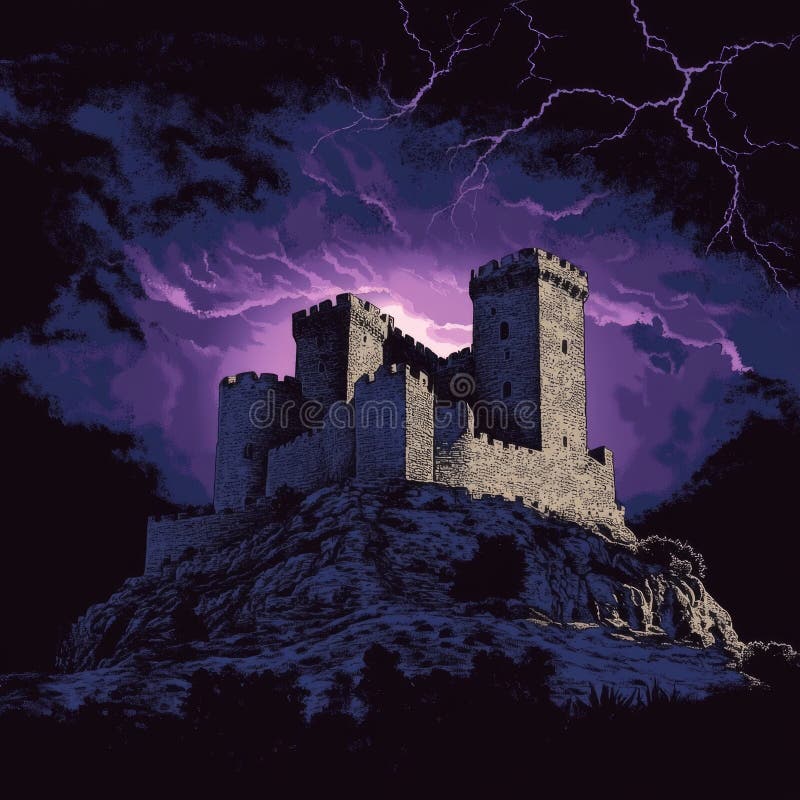 A Grand Castle Stands on a Mountain Peak Beneath a Stormy Sky Stock ...