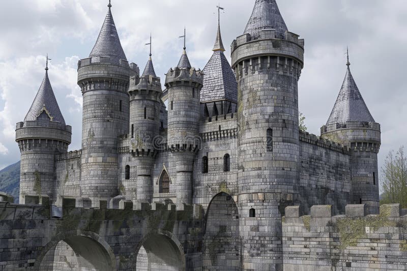 A Grand Castle with Towering Turrets and Multiple Gates Stands ...