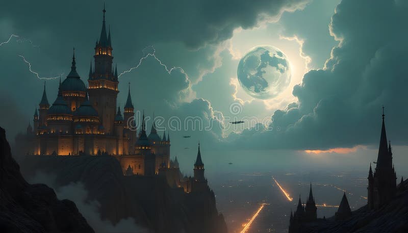 Grand Castle Under a Full Moon with Stormy Clouds in a Dark Landscape ...