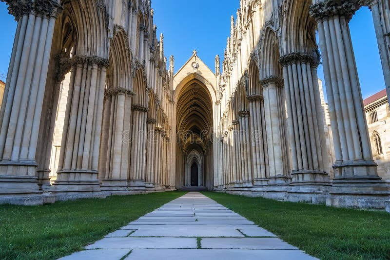 Light Filled Cathedral Interior with Stone Pillars Stock Illustration ...