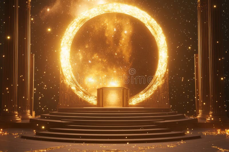 A Grand Celestial Throne Room 3D Background Featuring a Floating Podium Illuminated by Cosmic ...