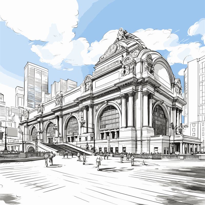 Grand Central Terminal. Grand Central Terminal Hand-drawn Comic Illustration. Vector Doodle ...